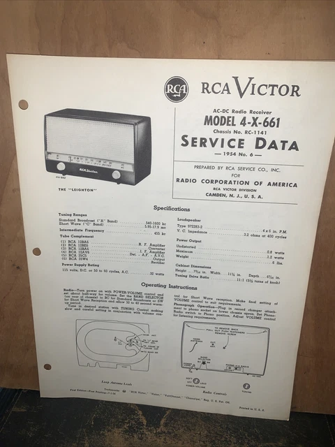 RCA VICTOR RADIO Model 4-X-661 -Service Data- schematics, Parts List. £ ...