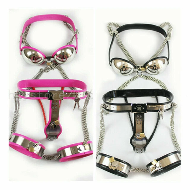 DAMEN EDELSTAHL KEUSCHHEITSGÜRTEL Gerät Mit BH Oberschenkel Manschetten Fesseln EUR 53,48 ...