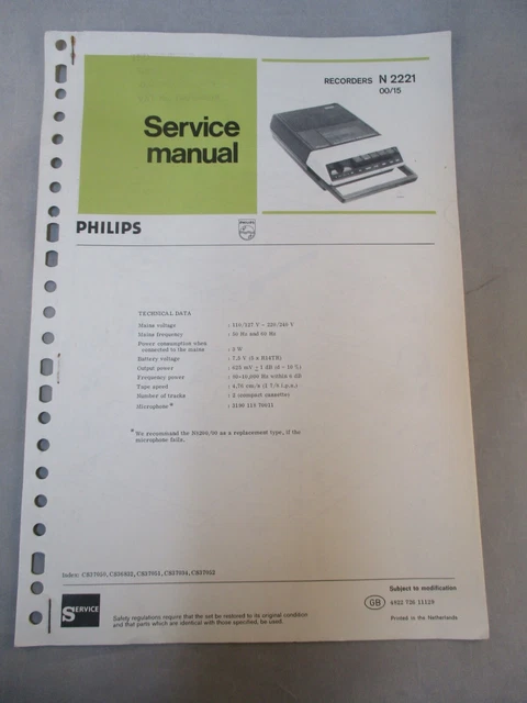 VINTAGE PHILIPS CASSETTE Service Data Sheet Manual - N 2221 - 1970's? £ ...