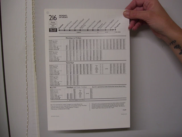 LONDON TRANSPORT BUS Stop Panel Timetable-Route 216-June 1987-Used Con ...
