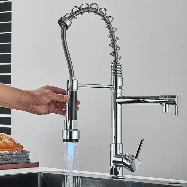 LED KITCHEN SINK Mixer Taps Swivel Dual Spout Pull Out Spray Head Brass ...