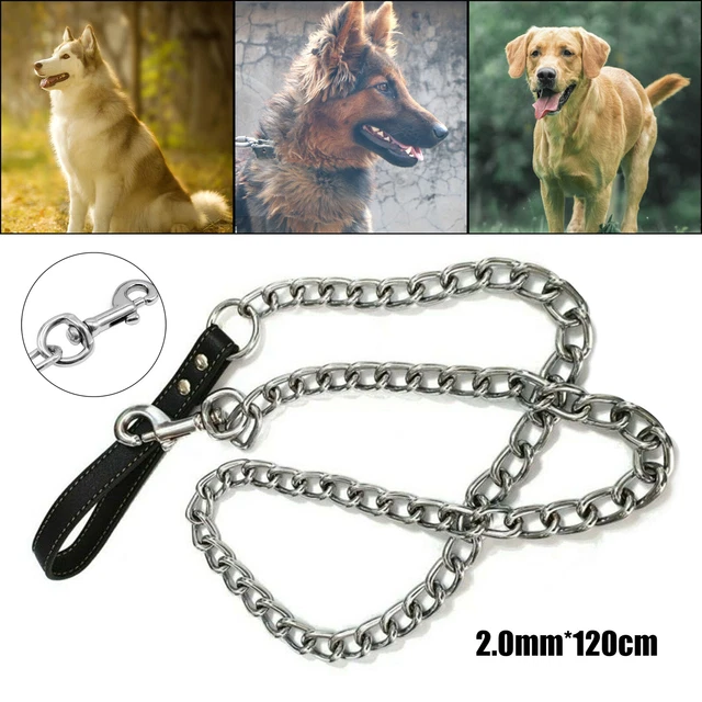 METAL DOG CHAIN Lead Strong Anti-Chew Dogs Leash with Black Leather ...