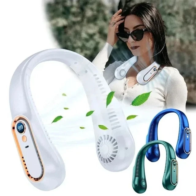 DIGITAL DISPLAY POWER Neckband Fan Bladeless Air Cooler Neck Fan Summer ...