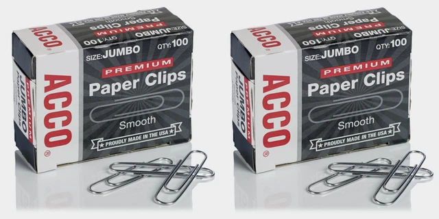 2 ~ ACCO Jumbo PAPER CLIPS 100 pk Premium Smooth Silver Heavy Gauge ...