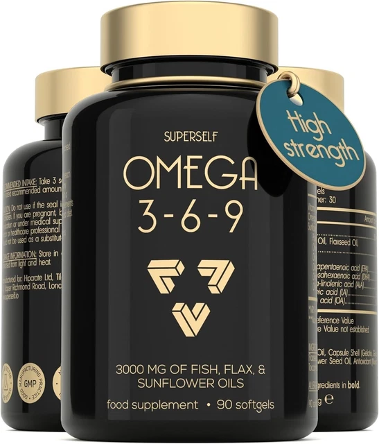 OMEGA 3 6 9 Capsules - 3000mg Triple Potency - Fish Flaxseed Sunflower ...