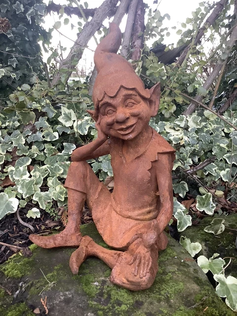 COLD CAST IRON Thinking Pixie Statue Garden Ornament Gnome / Elf £88.00 ...