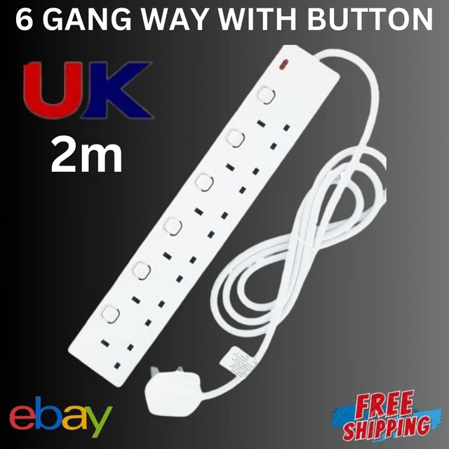 6-WAY PLUG EXTENSION Socket Cable Individually Switched With Neon ...