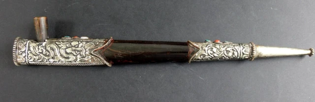 PIPE TIBET CORNE turquoise argent Old tibetan dragon chinese tobacco ...