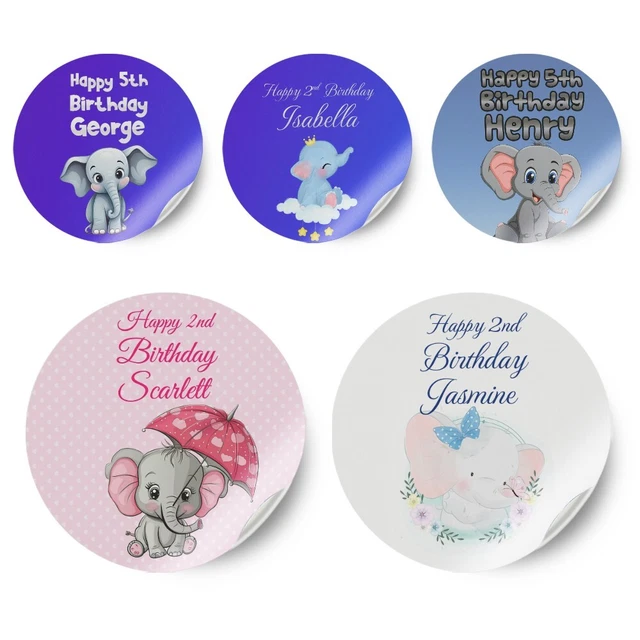 PERSONALISED ANY NAME Elephant Design Birthday Sticker Party Decoration ...