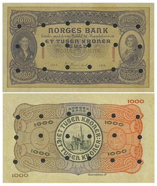 NORGES BANK, 1000 Kroner, Et Tusen Kroner Guld, 1919, Reproduktion EUR ...