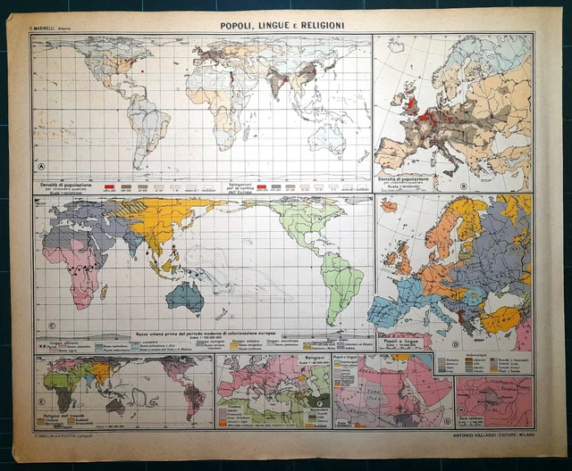 CARTA GEOGRAFICA ANTICA POPOLI LINGUE RELIGIONI NEL MONDO nel 1939 ...