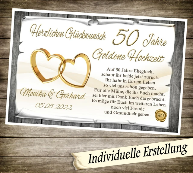 URKUNDE - GOLDENE Hochzeit 50 Jahre INDIVIDUELL Namen & Datum A4 Geschenk Idee EUR 4,99 ...
