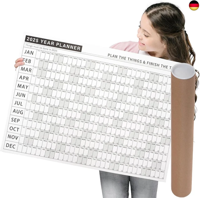 WANDPLANER 2025, A2-GRÖSSE (60 cm x 42 cm), Papierröhrenverpackung ...
