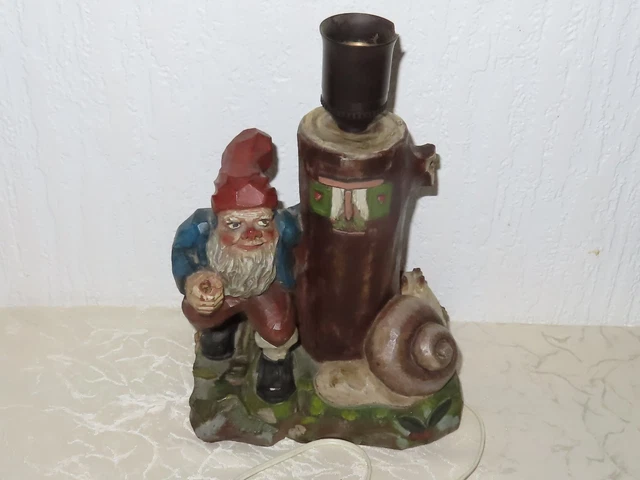 STYLE ANCIEN LAMPE " Nain Avec Tronc Et Escargot " en Bois Sculpté EUR ...