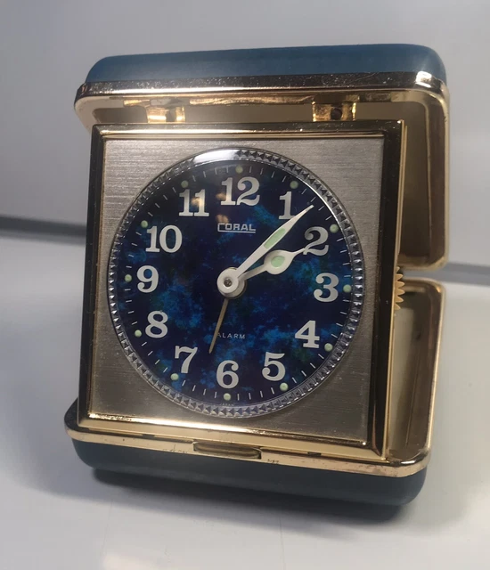 RARE VINTAGE JAPAN CORAL Travel Alarm Clock Blue Face & Case Original ...