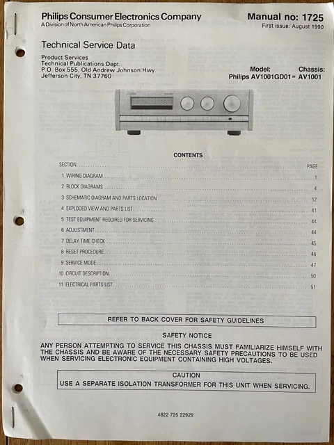 PHILIPS 1725 AV1001GD01 Av1001 Amplifiers Original Service Repair ...