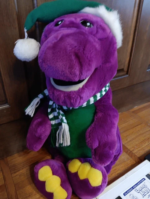 BARNEY PURPLE DINOSAUR Plush 16" TOY Christmas Green Santa Hat & Scarf ...