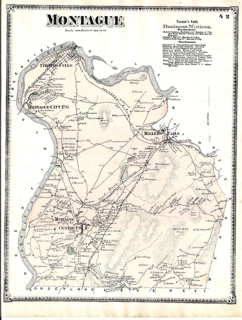 VINTAGE 1871 MONTAGUE, Ma., Map. Franklin County, Map In Good Condition ...
