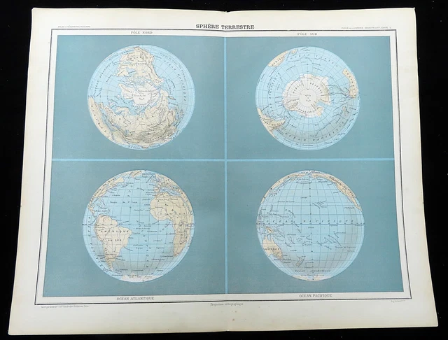 ANTIQUE MAP OF The World Globe Sphere Hemispherical Hemisphere Chart ...