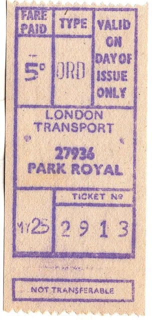 LONDON TRANSPORT RAILWAYS Gibson ticket: Park Royal, machine 27936 £5. ...