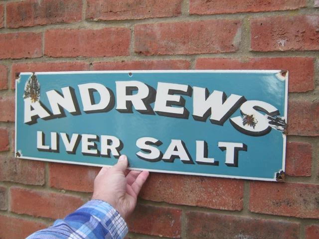 LARGE RUSTY PORCELAIN Enamel Advertising Sign ANDREWS LIVER SALT ...