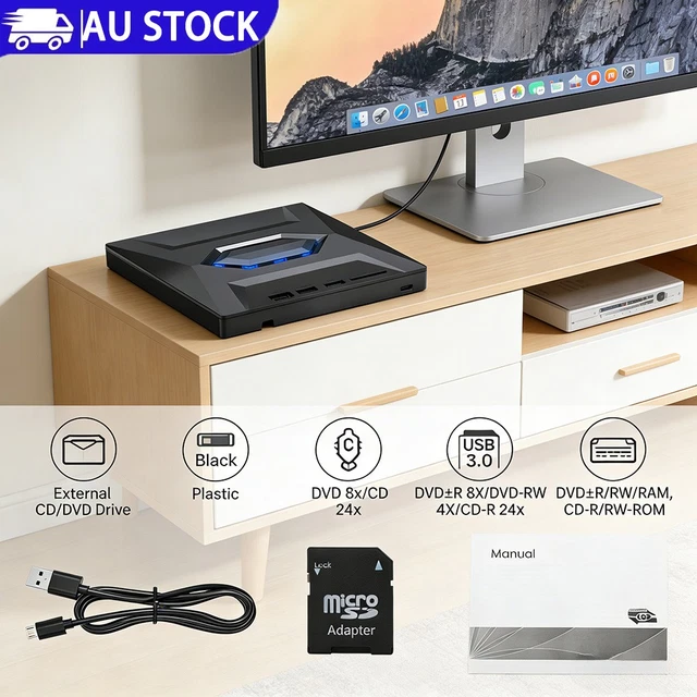 EXTERNAL CD DVD Drive USB 3.0 Burner Writer Player for Windows 11 10 PC ...