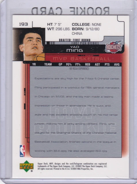 YAO MING ROOKIE KARTE 2002 Oberdeck MVP Basketball RC China HOUSTON ROCKETS HOF EUR 36,47 ...