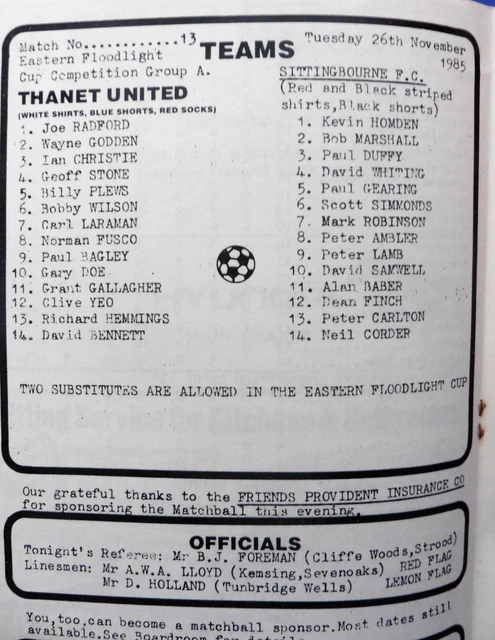 THANET UNITED V Sittingbourne 26/11/1985 Eastern Floodlight Cup - 1St ... THANET UNITED V Sittingbourne 26/11/1985 Eastern Floodlight Cup - 1St ...