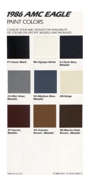 1986 AMC EAGLE Exterior Color Chart £7.89 - PicClick UK