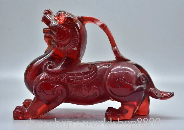 9.6& OLD CHINESE Red Amber Carving Dragon Pixiu Unicorn Beast Statue ...