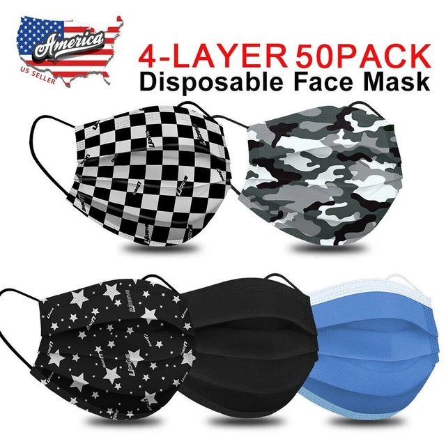 50 PACK 4-LAYER Face Masks Disposable Adult Protective Mouth Covers Mix ...