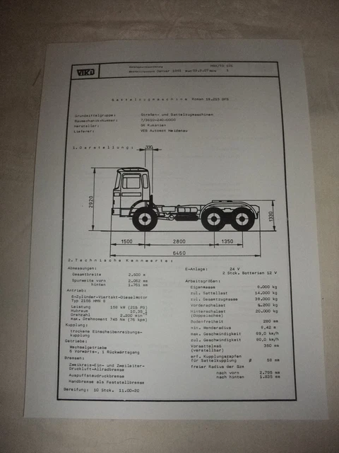 DDR WERBUNG REKLAME Prospekt Datenblatt Sattelzugmaschine Roman 19.215 ...