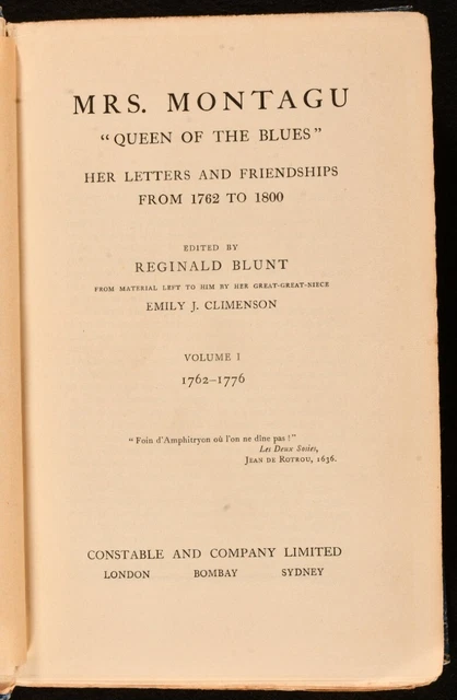 1923 2 VOLS Mrs. Montagu "Queen of the Blues" Reginald Blunt ...