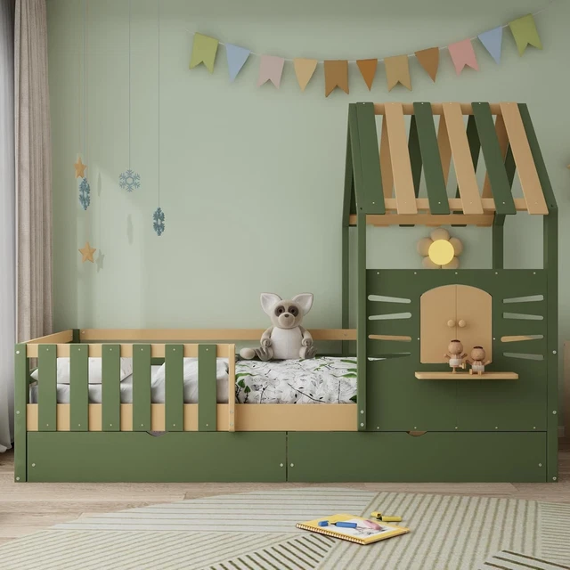 WOODEN KIDS BED Frame with Roof Design & Storage Drawers 3FT 90x190cm £ ...