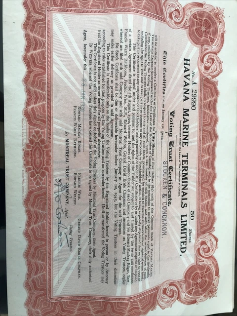 VINTAGE 1945 - 10 x Old Share Certificates “HAVANA MARINE TERMINALS ...