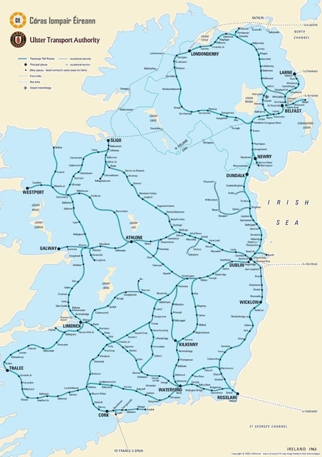 IRELAND TRAIN MAP (RAIL PASSENGER NETWORK) CIE/UTA 1963 Size A2 ...