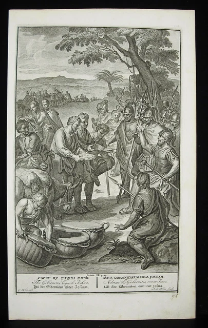 ANTIQUE BIBLICAL ETCHING Josué & Gabaonites Blois Engraving 1728 G Hoet ...
