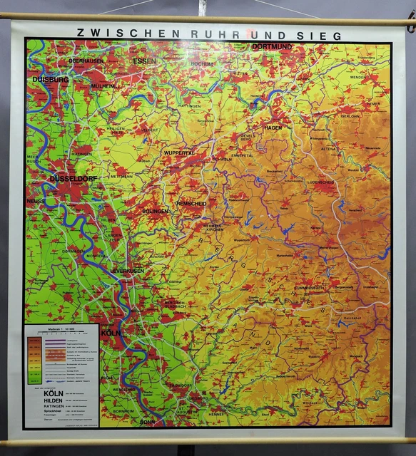 ROLLABLE WALL CHART Poster Geography Map Germany between Ruhr and Sieg ...