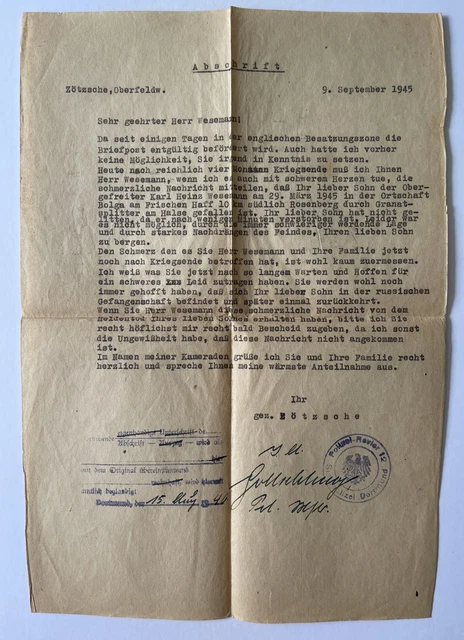 WW2 GERMAN OFFICIAL Letter Dated Sept 1945 Confirming Death Of Soldier ...