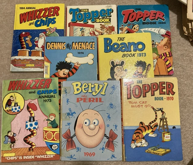 SET OF 8 Vintage Annuals BEANO Whizzer and Chips TOPPER Dennis the ...