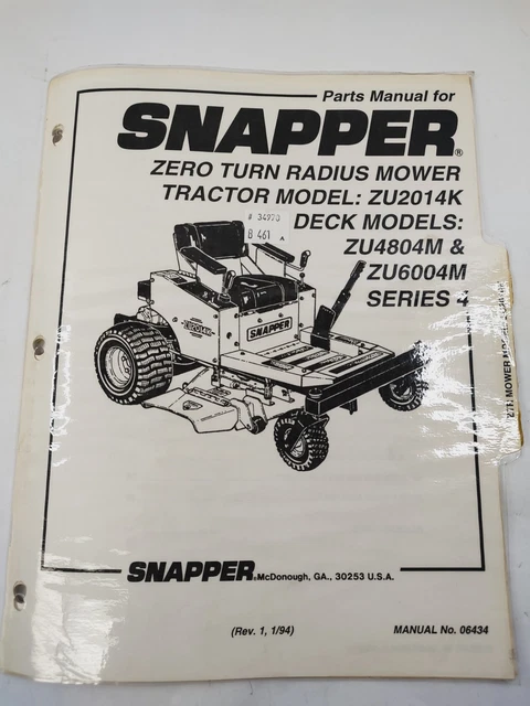 SNAPPER PARTS MANUAL Zero Turning Radius Mower Model ZU2014K £8.96 ...