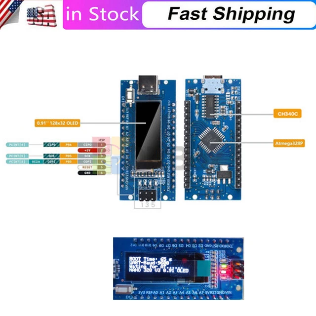 TYPE-C 0.91& OLED ATMEGA328P CH340 Board SSD1306 I2C for Arduino Nano ...