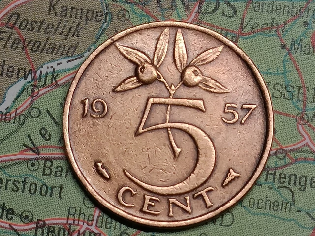 1957 NETHERLANDS 5 Cent Coin Juliana Koningin Der Nederlanden 🧐 $15.00 ...