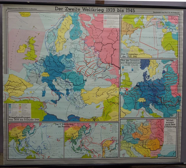ROLLABLE MURAL MAP Vintage Wallchart Second World War Poster Print 1939 ...