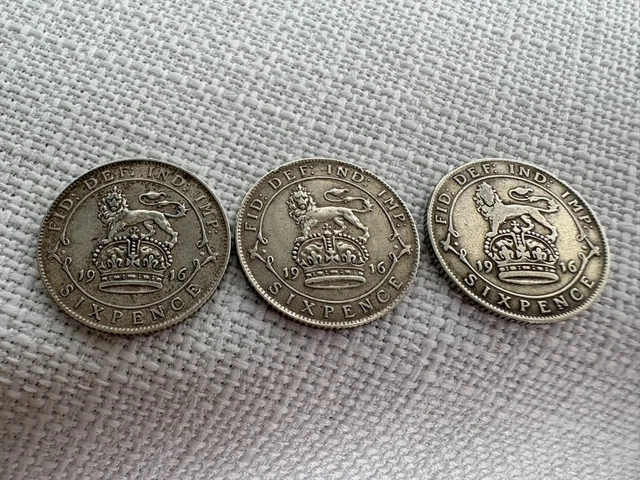SILVER SIXPENCE COINS 1916 x 3 King George V (3) Bare Head Design £21. ...