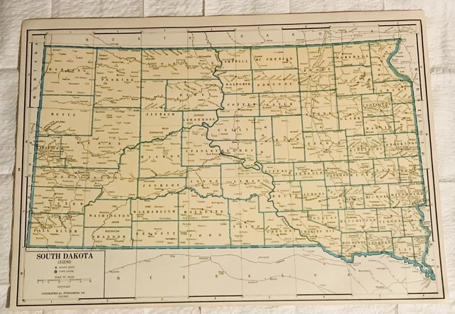 LARGE 1937 GEOGRAPHICAL Publishing Co. Commercial Map Of SOUTH DAKOTA ...