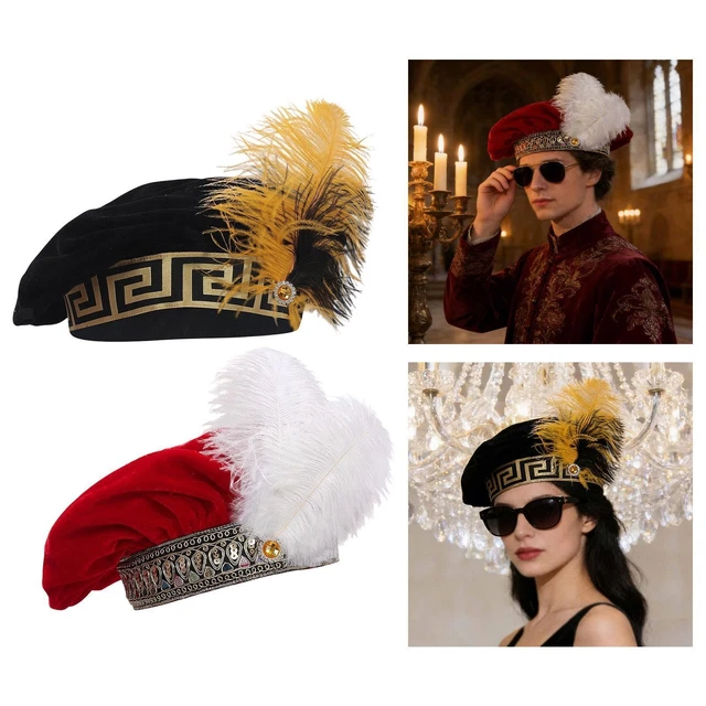MEDIEVAL KING HAT with Artificial Feather Flat Cap Women Men Muffin Top ...