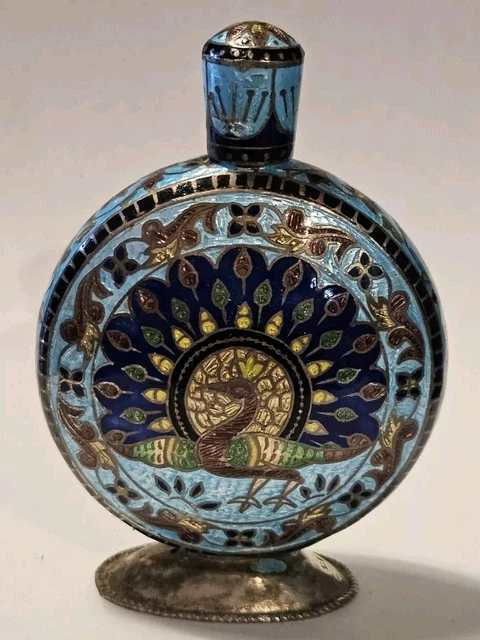 ANTIQUE INDIAN ENAMEL Cloisonné Sterling Silver Perfume Bottle Flask ...