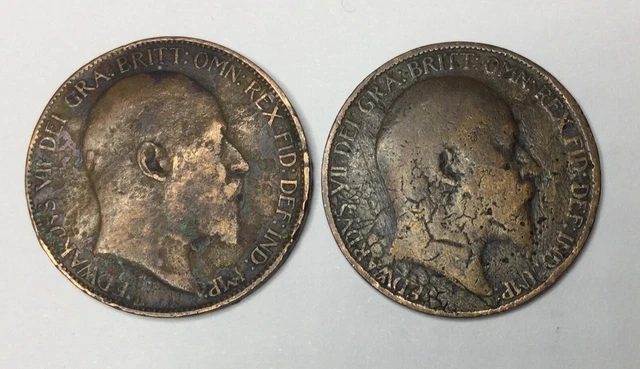 1908 KING EDWARD V11 English,UK Halfpenny coins. A pair, circulated ...