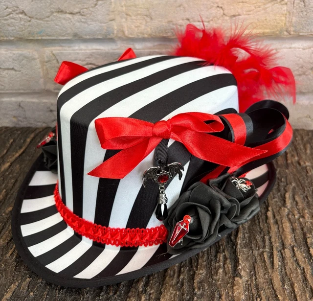 BLACK & WHITE Stripe Steampunk Gothic Top Hat 57cm Bat Ouija Feathers ...